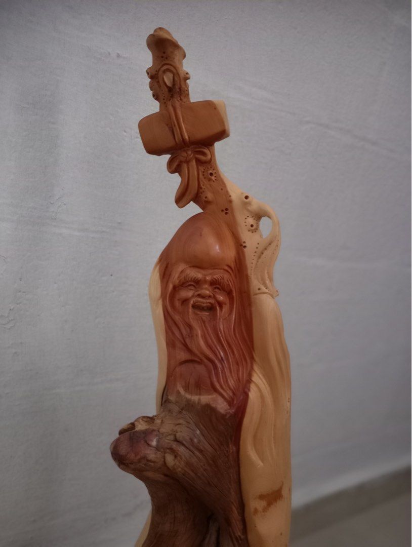 CNY-Hand-Carved Wooden Sculpture of a Smiling Elder, Furniture & Home ...