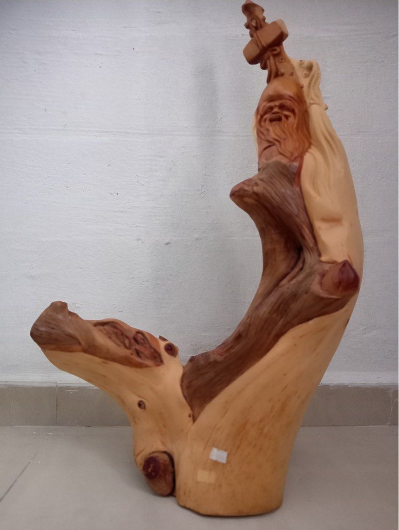 CNY-Hand-Carved Wooden Sculpture of a Smiling Elder, Furniture & Home ...