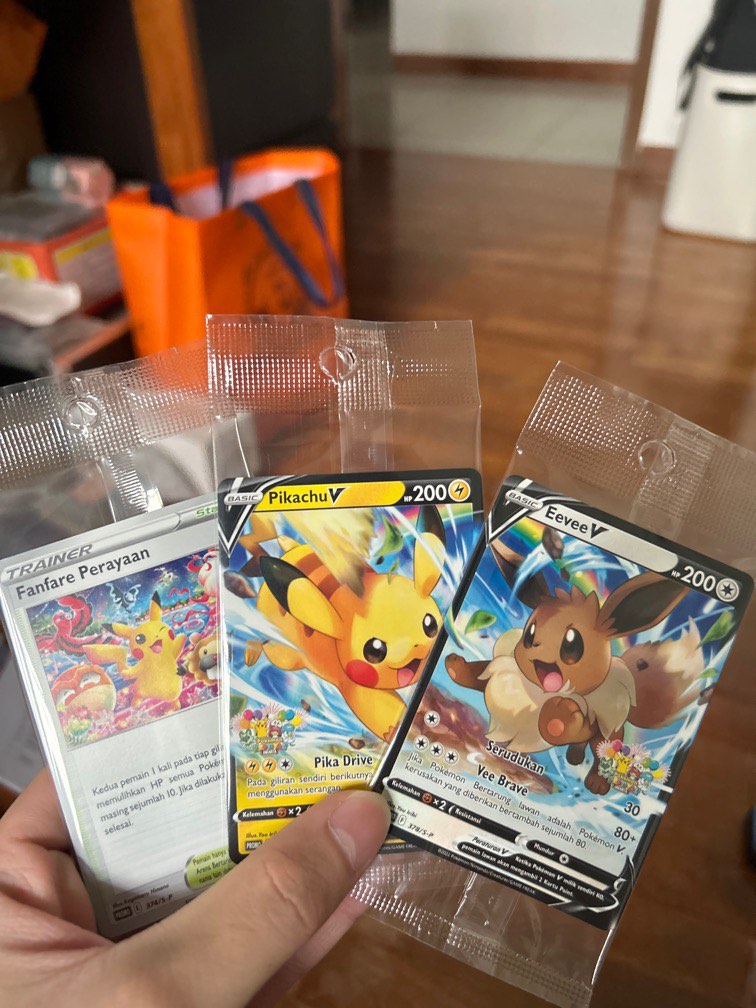 INDONESIAN Exclusive stamped Eevee V Pikachu V Fanfare set of 3 Pokemon ...