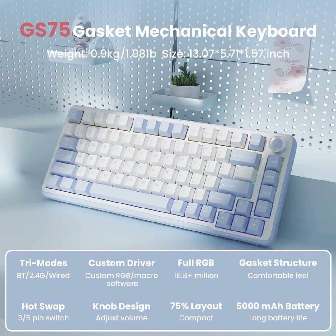 EWEADN GS75 Wireless Mechanical Keyboard ASMR, 75% Gaming Keyboard ...