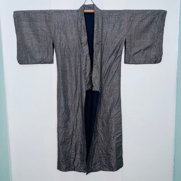 Vintage Japanese Kimono Yukata Cotton Grey Blue Abstract Robe Dress ...