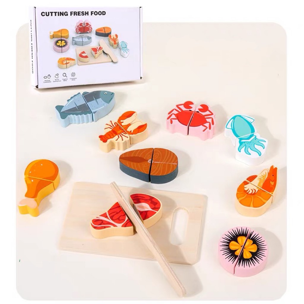 Wooden Cutting Chopping Food Seafood Fresh Food Slicing Toy Play Set ...