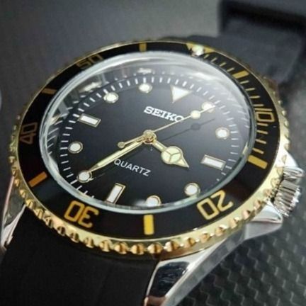 Seiko mod 2/two tone gold silver submariner homage rubber strap quartz ...