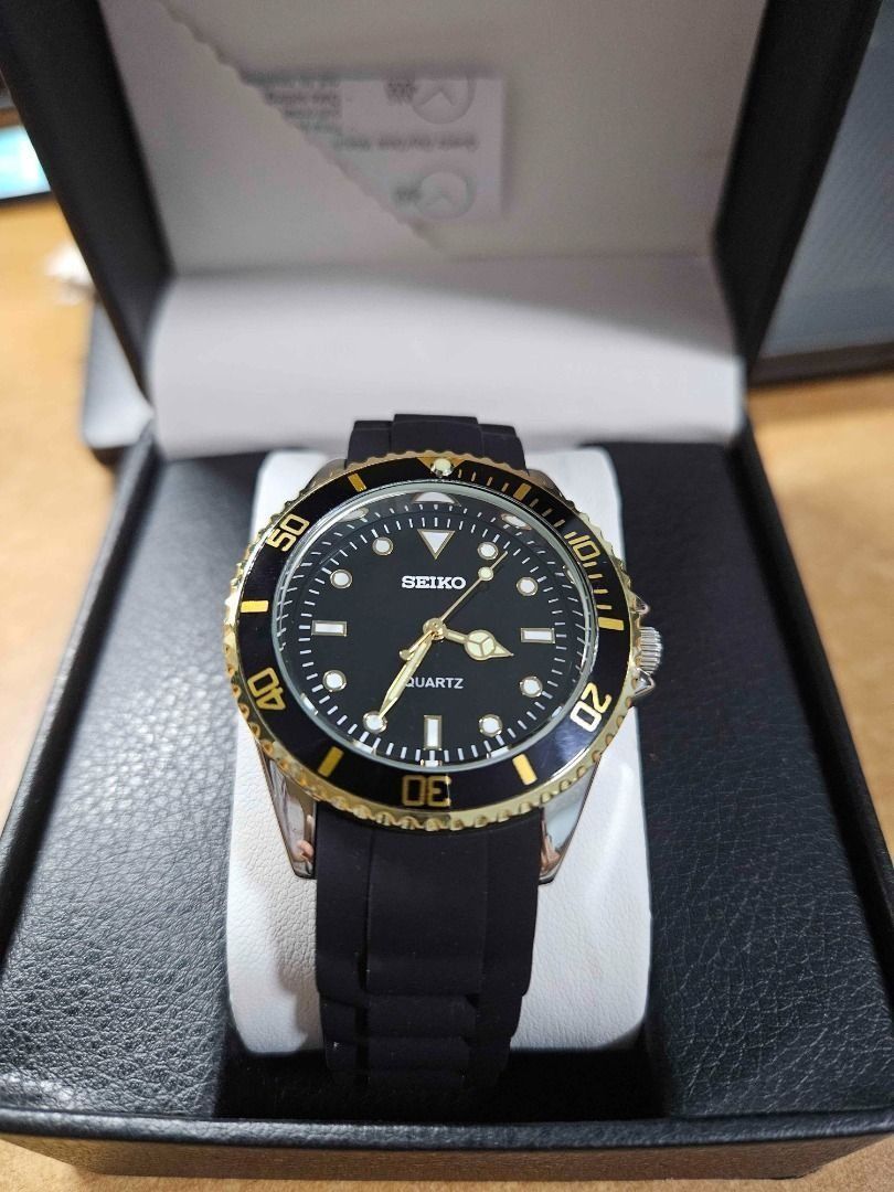 Seiko mod 2/two tone gold silver submariner homage rubber strap quartz ...