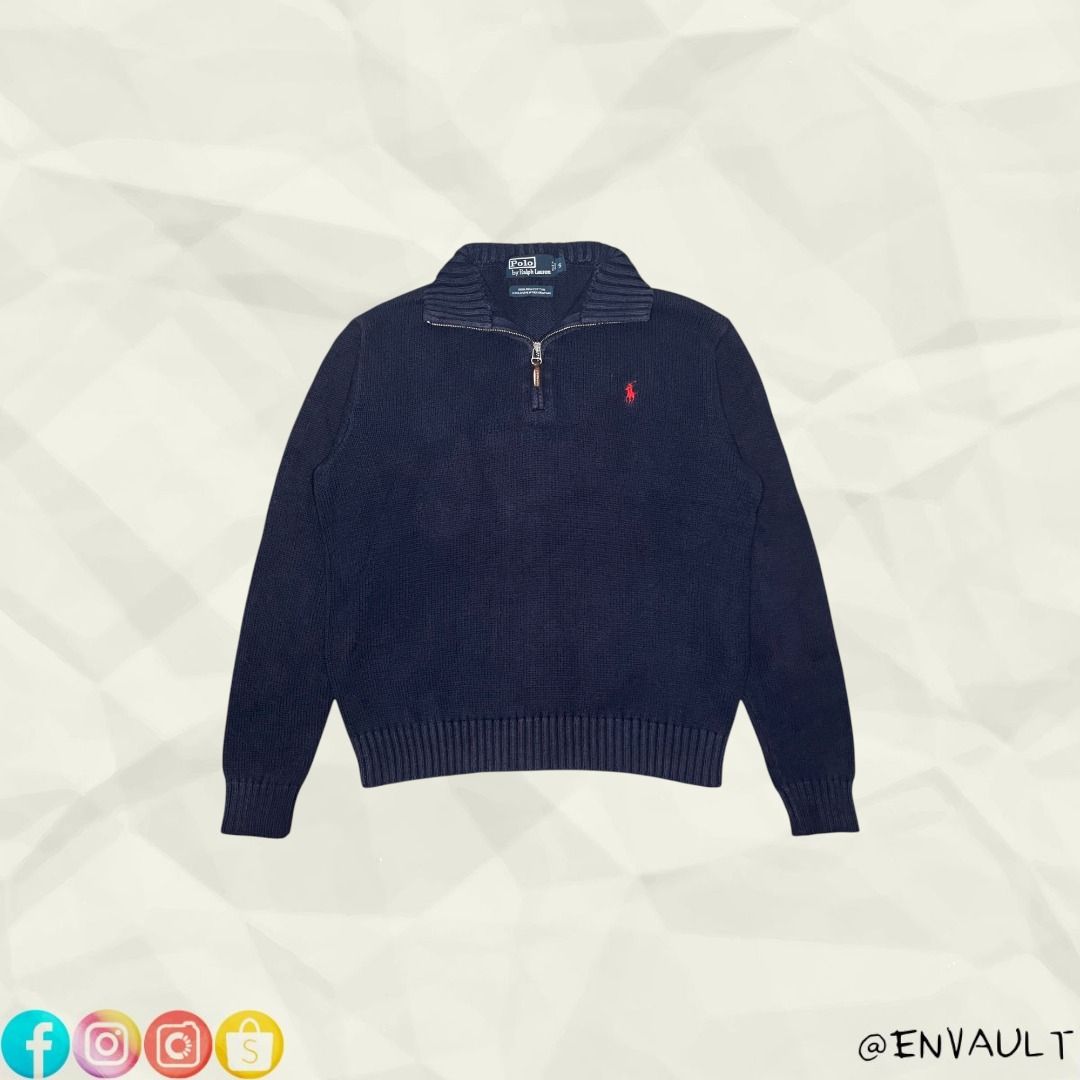 Ralph Lauren Quarter Zip Knit Sweater (Navy Blue | Red Logo) RL Cable ...