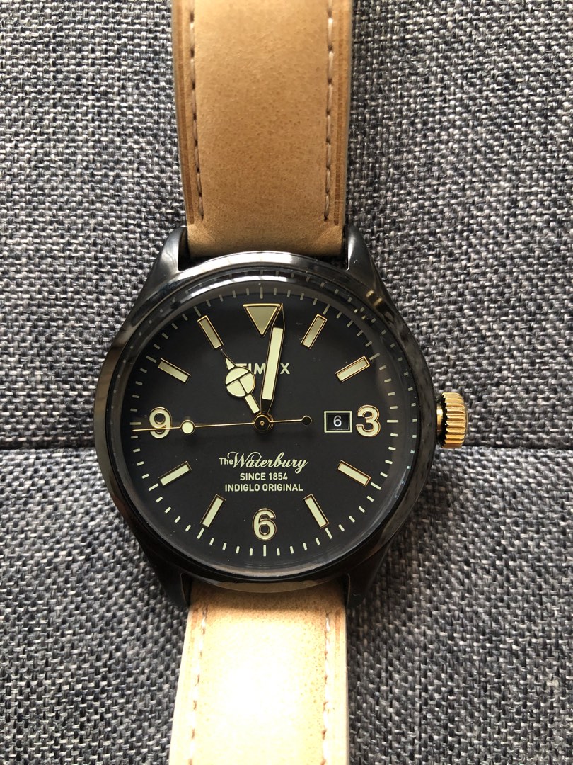 RARE Timex Waterbury Explorer Black PVD leather watch Indiglo, Men's ...