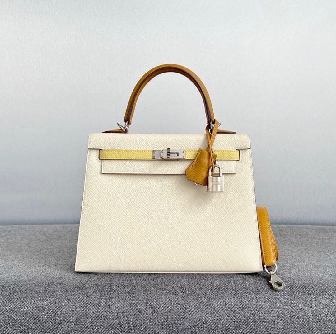 Hermes Tri color Kelly 25 Sellier Jaune Poussin/Sesame Epsom Phw ...