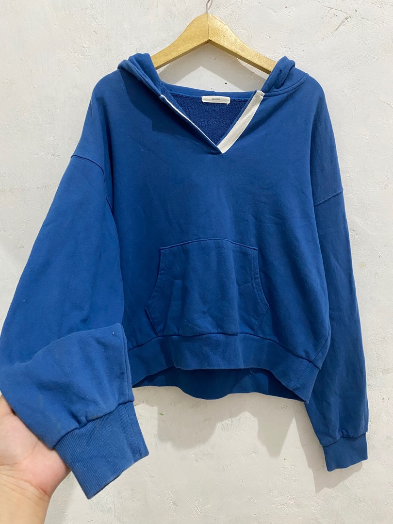 signature korea branded hoodie biru jaket outer oversize semi crop lucu ...