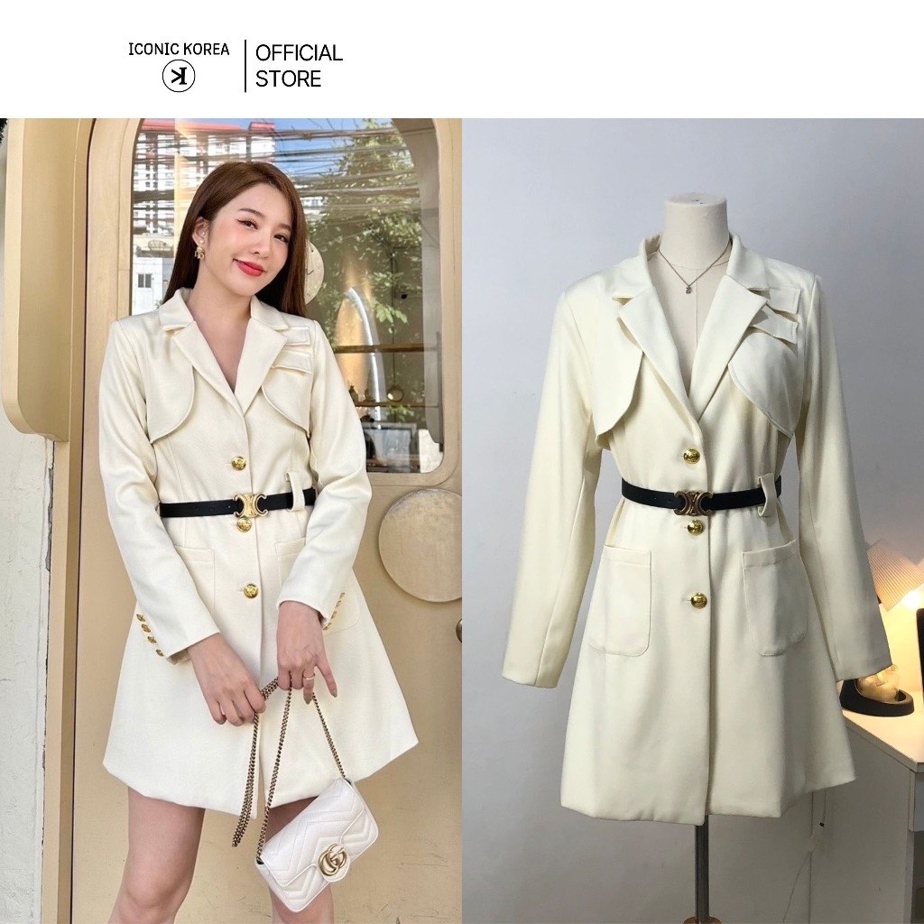 Korean CEO Style Cream Beige Blazer Suit Dress with Belt, Women's ...
