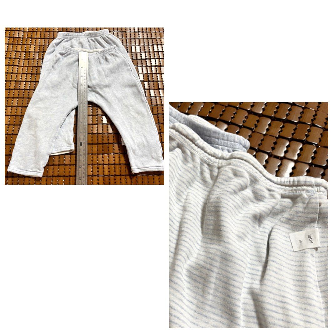 買一送一[二手]Lativ品牌水藍色素面橫條紋兩面穿厚磅嬰兒寶寶鬆緊帶束口長褲90公分, 嬰兒及兒童, 嬰兒及兒童流行時尚在旋轉拍賣