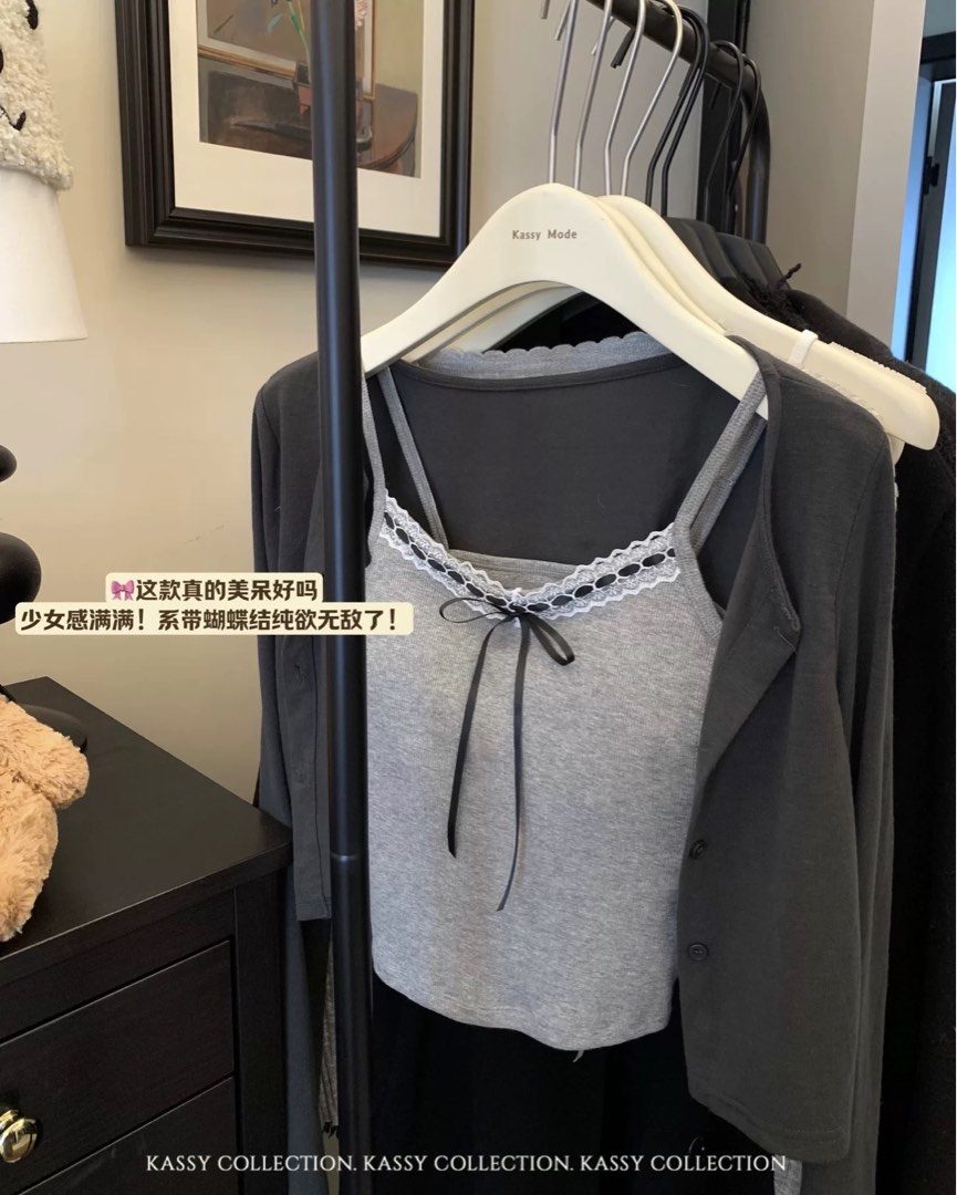 Grey Lace Ribbon Spag Padded Top, Women's Fashion, Tops, Sleeveless on ...