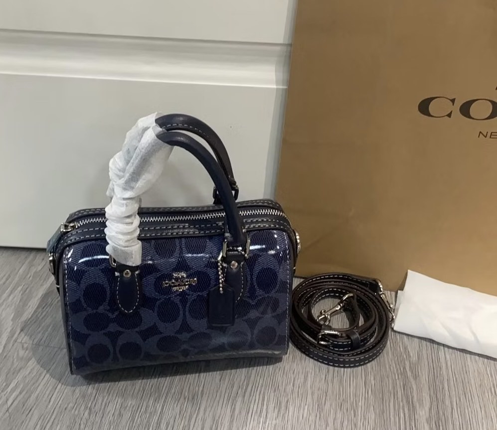 Coach Mini Rowan Denim in signature Patent Leather Crossbody Bag Navy ...