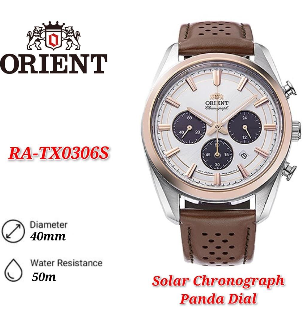 Orient RA-TX0306S Solar Chronograph Panda Dial Leather Strap Men Watch ...