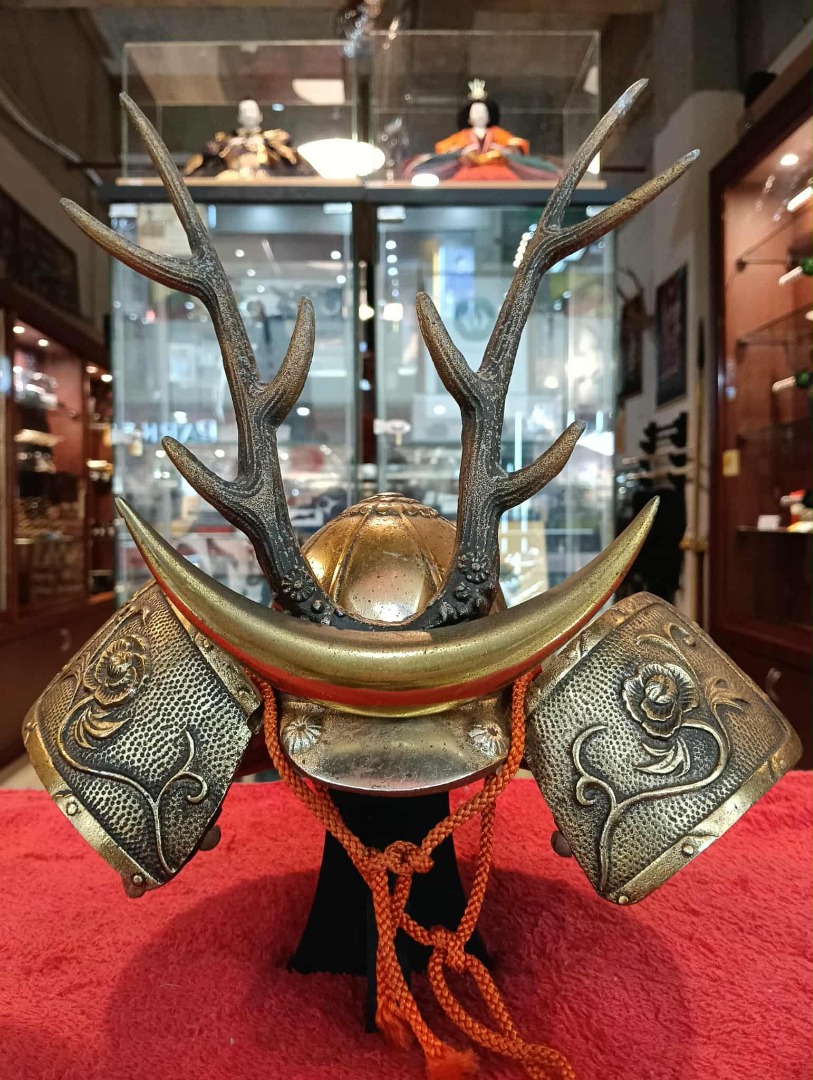Vintage Japanese Metal Samurai Kabuto Helmet with Metal Deer Horn and ...