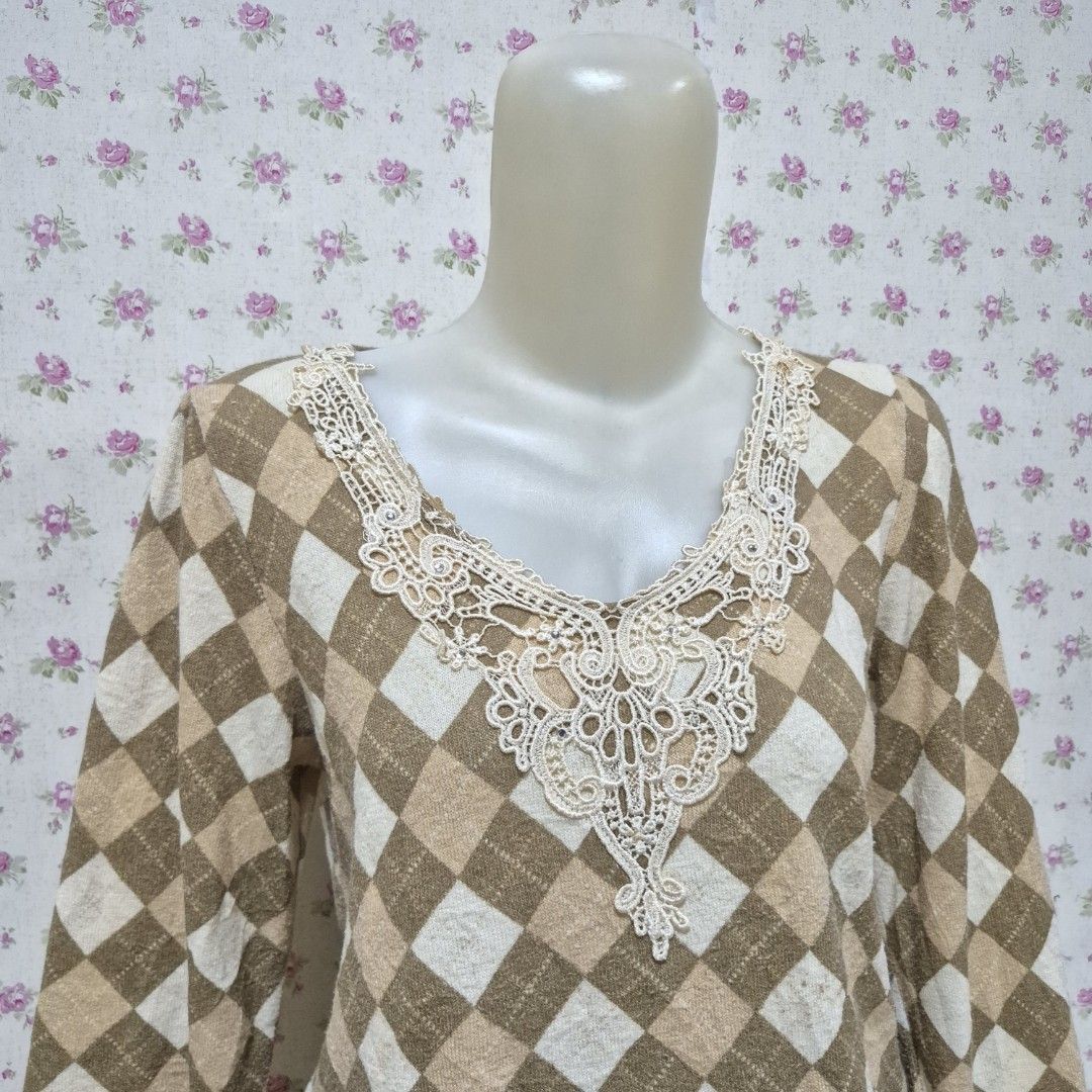 Axes femme gingham sweater lace milkmaid v neck cold sawako shoujo ...