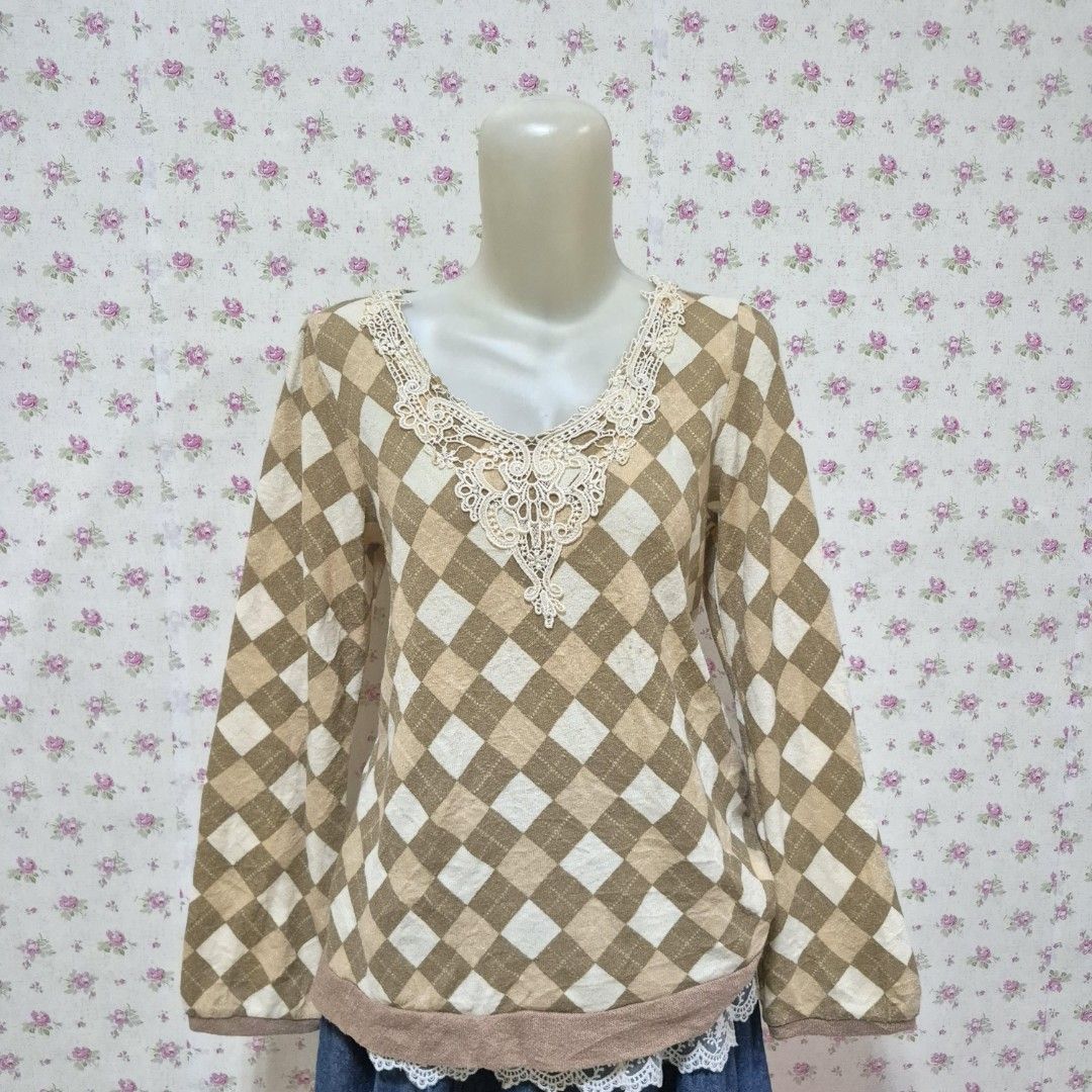 Axes femme gingham sweater lace milkmaid v neck cold sawako shoujo ...