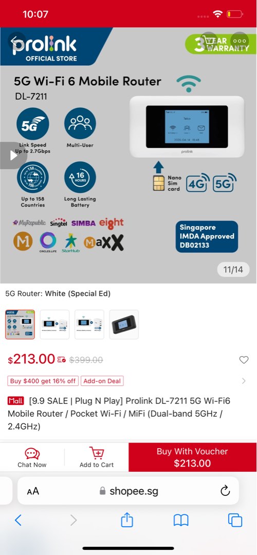 SG60 Sale | Plug N Play] Prolink DL-7211 5G Wi-Fi6 Mobile Router ...