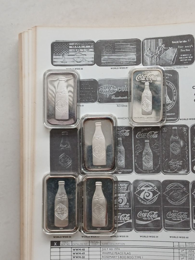 1oz 999 WWM Silver Art Bar Coca Cola 75th Annv 1975 (Lot of 5pcs ...