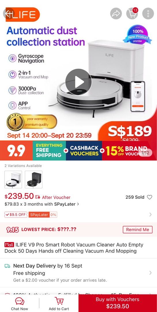 ILIFE V9 Pro Robot Vacuum and Mop with Self-Emptying Station, TV & Home Appliances, Vacuum ...