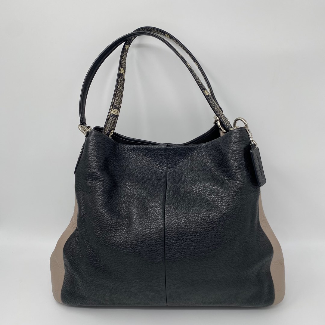 Coach Phoebe Black and Beige Leather Snake Skin Shoulder Bag, Luxury ...