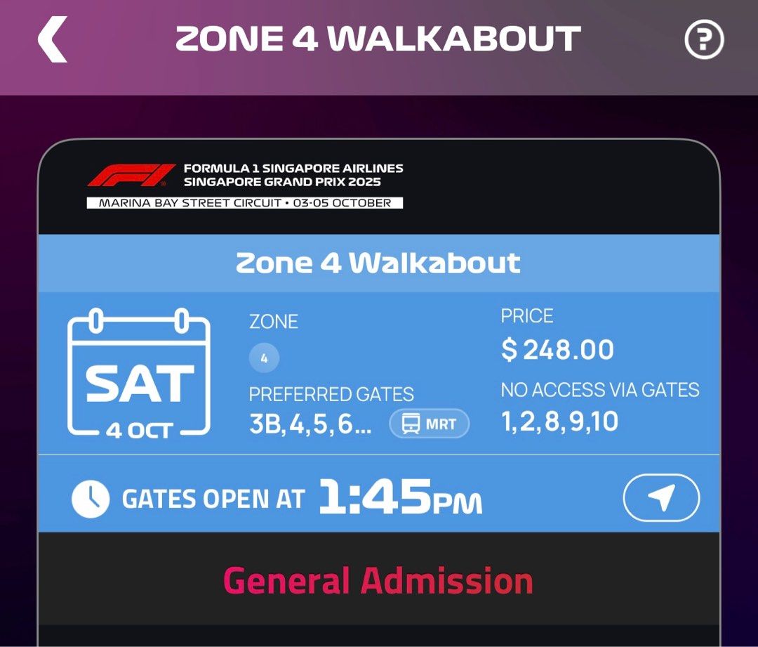 F1 Singapore Grand Prix 2025 Zone 4 Walkabout Ticket, Tickets ...