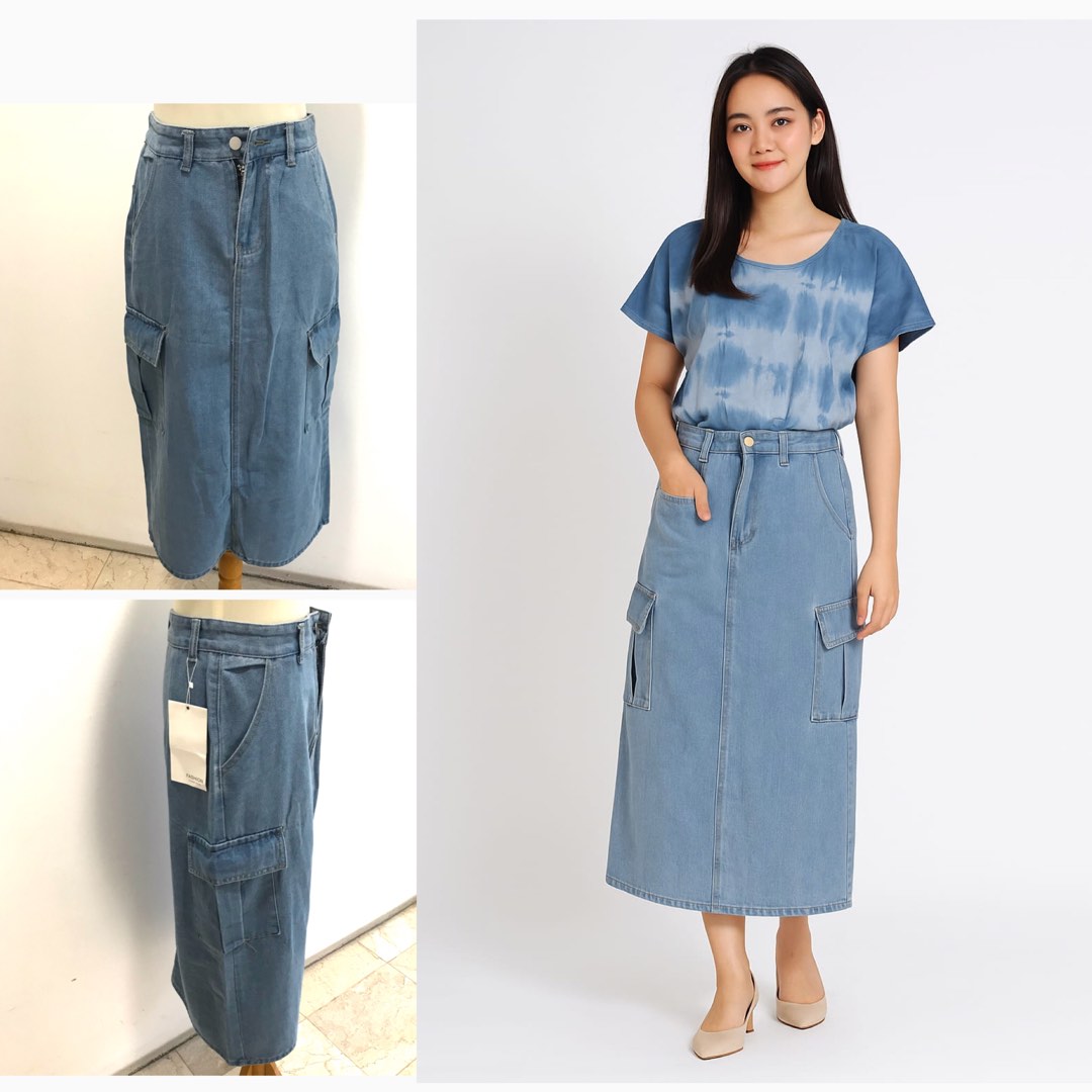 Rok Panjang Denim Cargo Light Blue (baca diskripsi), Fesyen Wanita ...