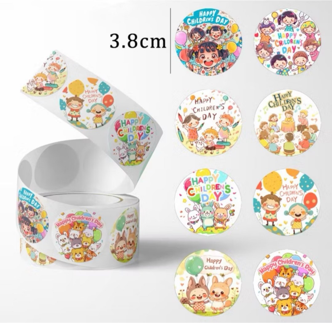 [$5 for 50pcs] 3.8cm Happy Children’s Day Sticker, Hobbies & Toys ...
