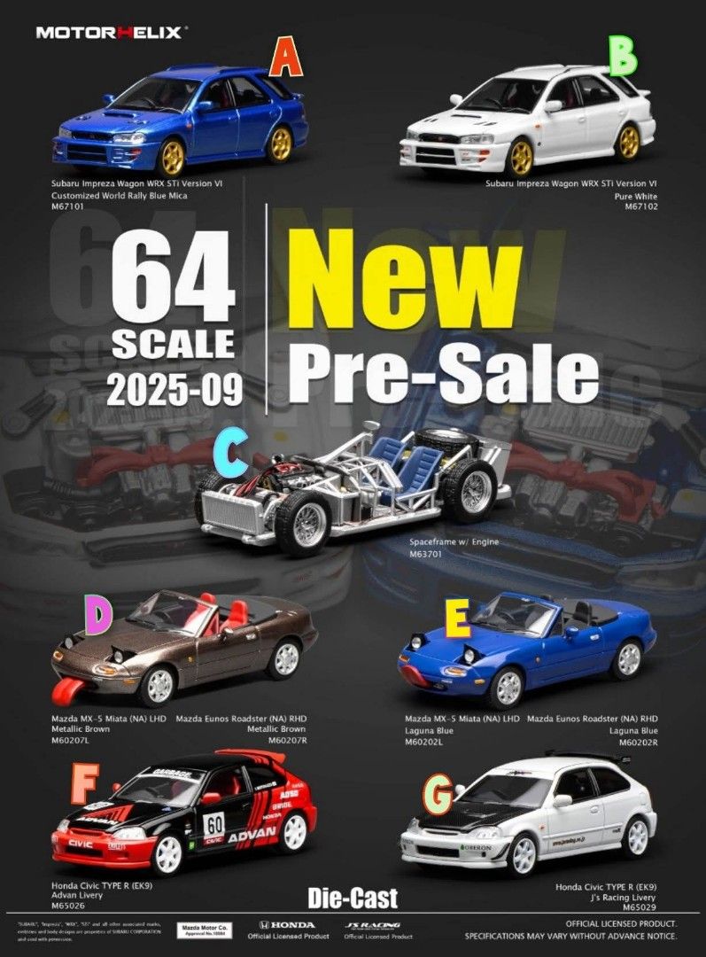 Preorders 1/64 Motorhelix Honda Civic EK9 JS racing Advan Subaru WRX ...