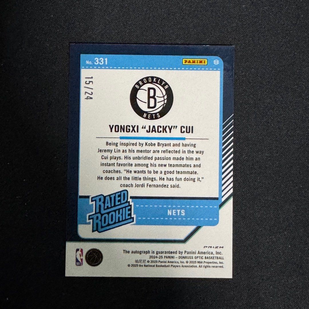 2024-25 Panini Donruss Optic Yongxi Jacky Cui Rookie Auto /24 Brooklyn Nets NBA Basketball Card ...