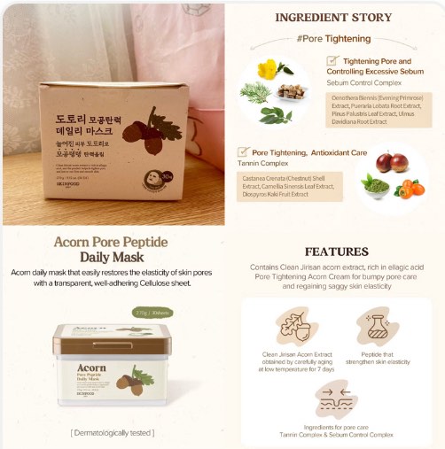 𝐁𝐑𝐀𝐍𝐃 𝐍𝐄𝐖 SKINFOOD Acorn Pore Peptide Daily Sheet Mask 30ea (💯authentic ...