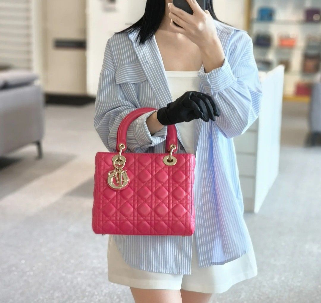 Dior Lady Medium Pink Lamb Gold Hardware Bag Comes with Strap, Box ...