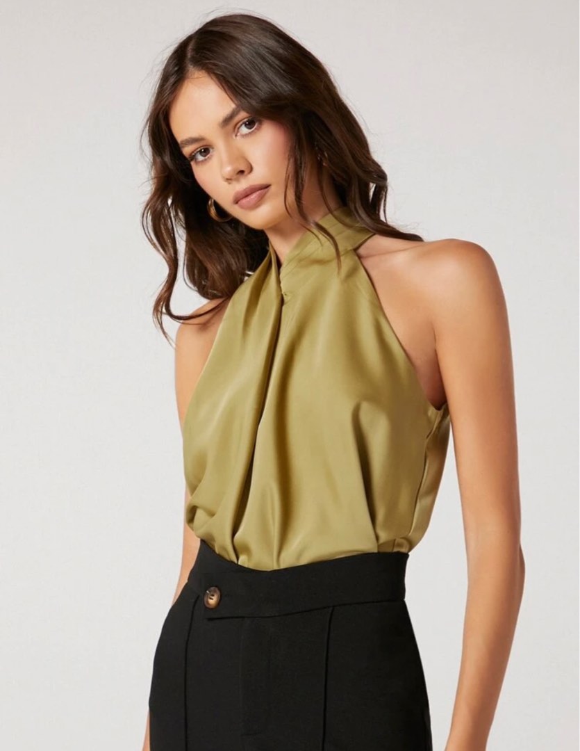 Olive Green Halter Top, Women's Fashion, Tops, Blouses on Carousell