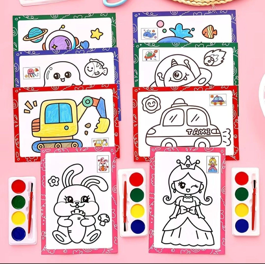 (10 Sets) 2 Side Kids' Watercolor Coloring Cards Set ( Suitable for ...