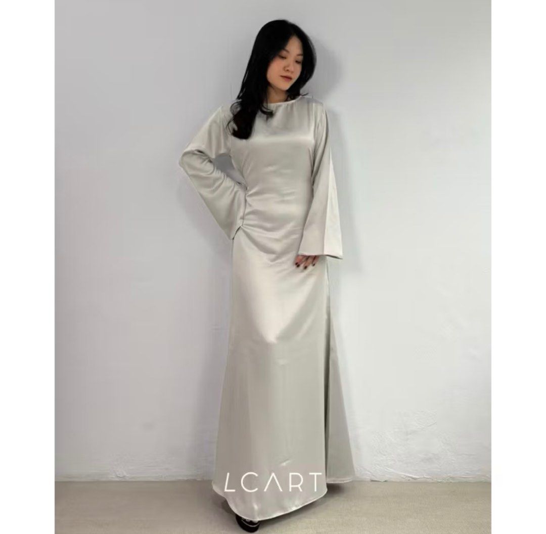 Dress satin (Rora long sleeve dress), Fesyen Wanita, Pakaian Wanita, Gaun & Rok di Carousell