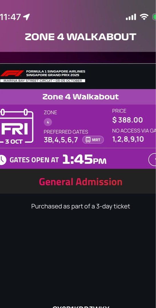 F1 Singapore Grand Prix 2025 Zone 4 Walkabout Ticket, Tickets ...