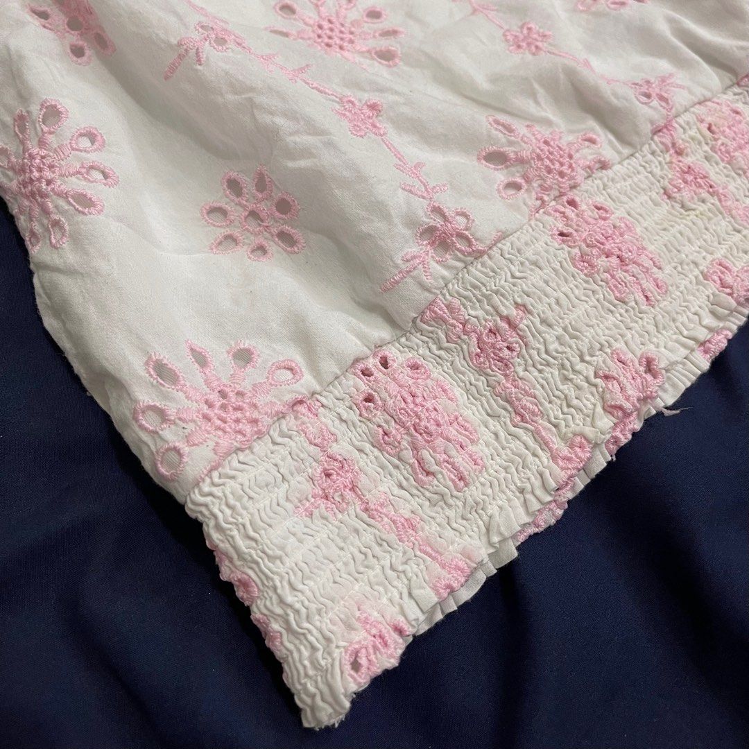 SS32. WHITE PINK EYELET FLORAL CROP SQUARE NECK PUFF SLEEVE ACUBI ARTSY ...