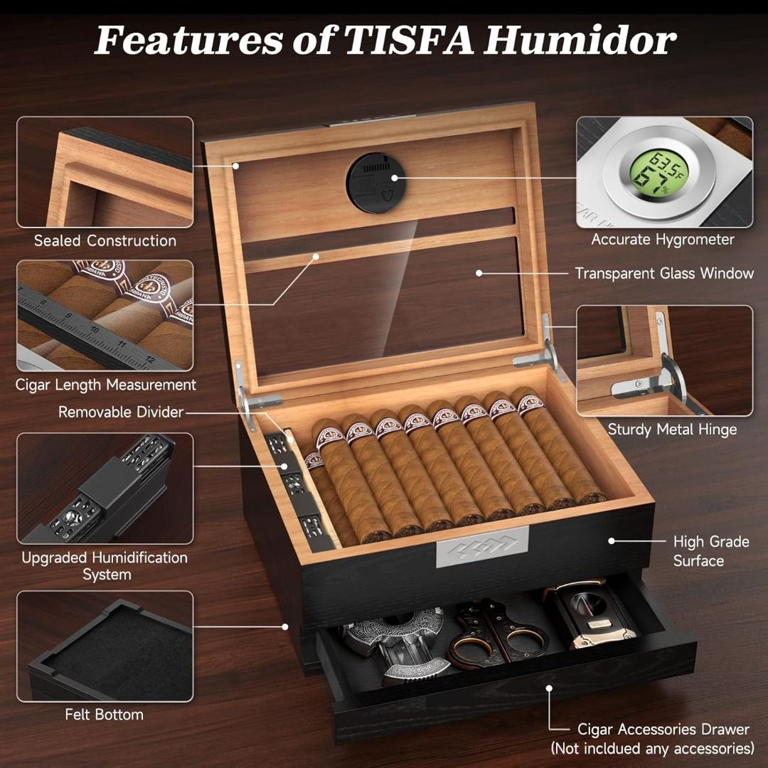 [ready] TISFA Cigar Humidor, Cedar Wood Desktop Humidor Box with ...