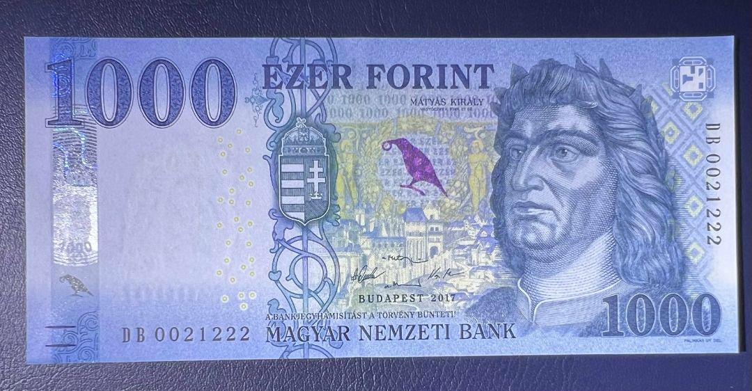 匈牙利 Hungary 1000 Forint (2017-2025 King Matthias Corvinus Version) nice fancy s/n : DB 0021222 ...