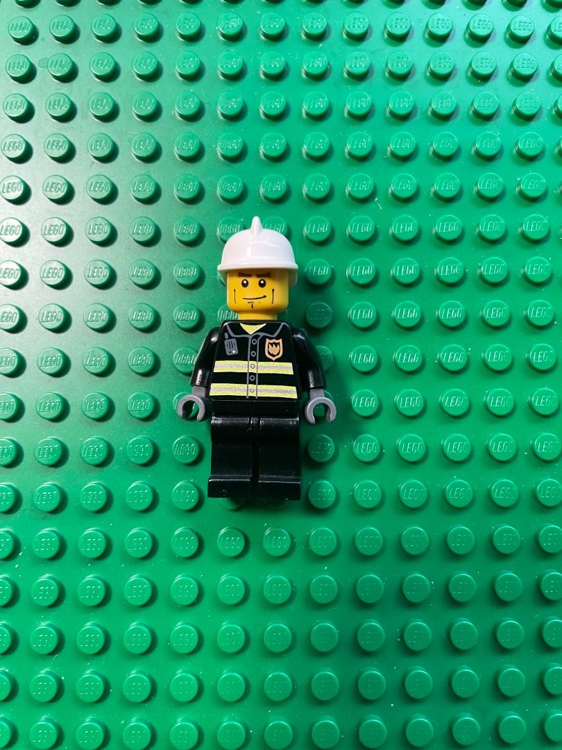 Lego FIre - Reflective Stripes, Black Legs, White Fire Helmet, Cheek ...