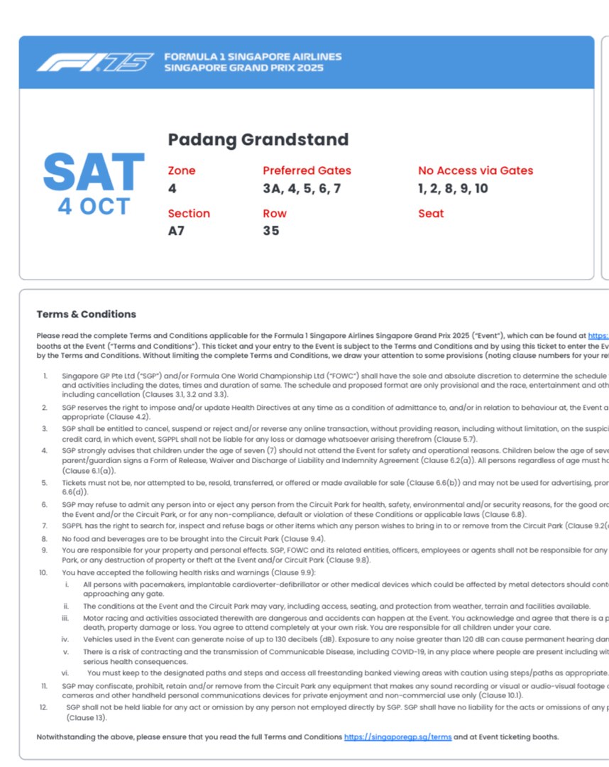 (Sat) 1 x F1 Singapore Grand Prix 2025 - Padang Grandstand Ticket ...