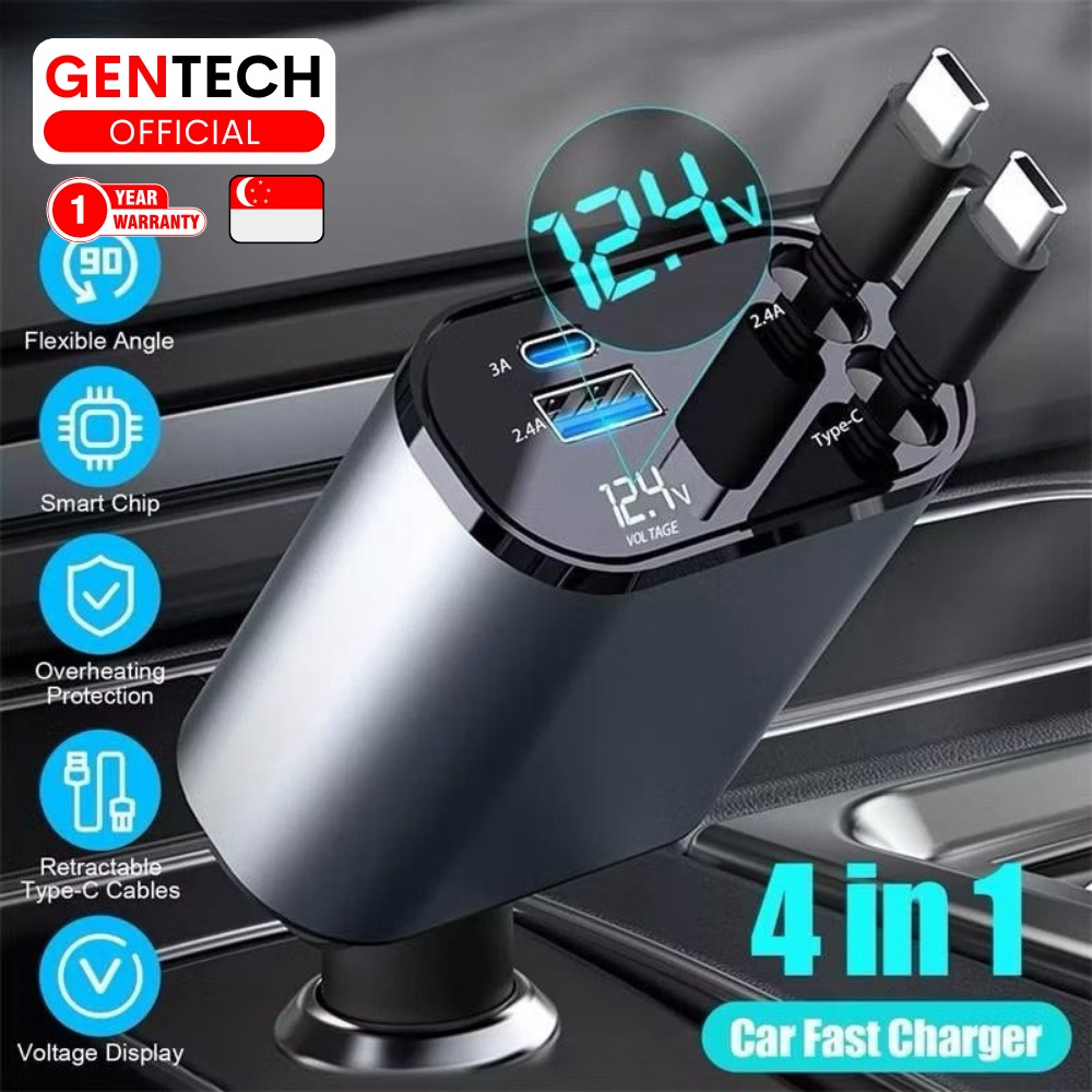 (SG) Retractable 4 in 1 Car Charger 120W Super Fast Charging 2.0 | Car ...