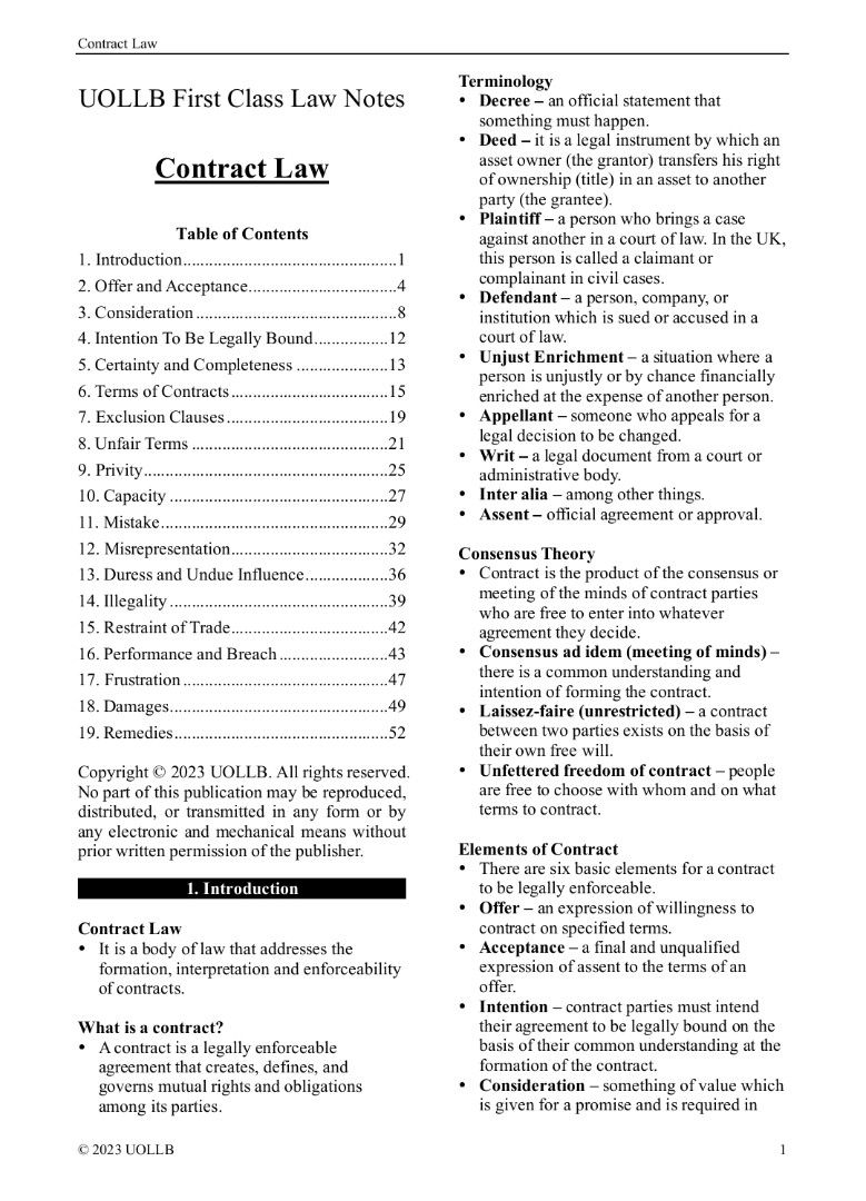 UOLLB First Class Law Notes - Contract Law, Everything Else, Others on ...