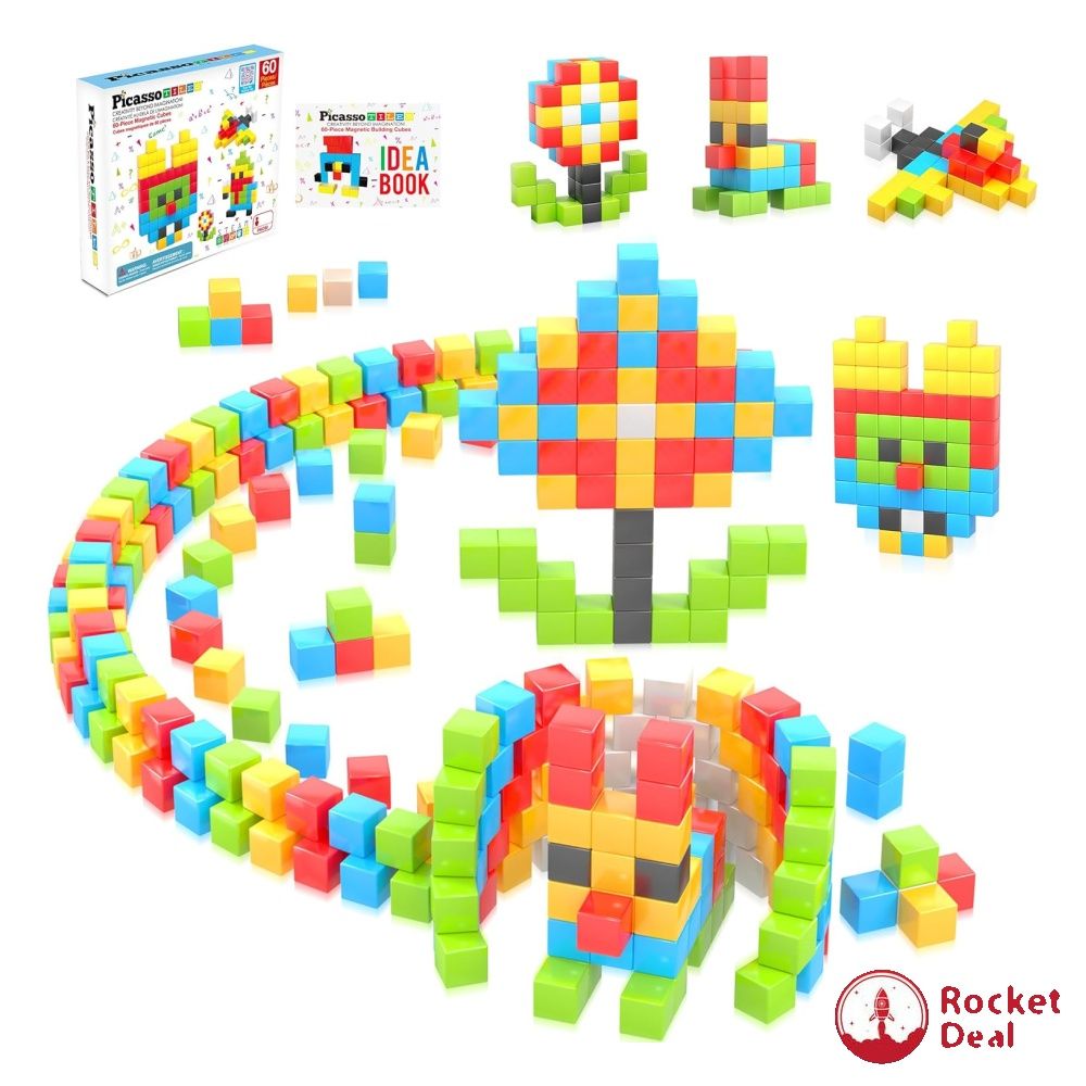PicassoTiles 60 Pieces Magnetic Building Blocks, 3D Construction Cubes ...