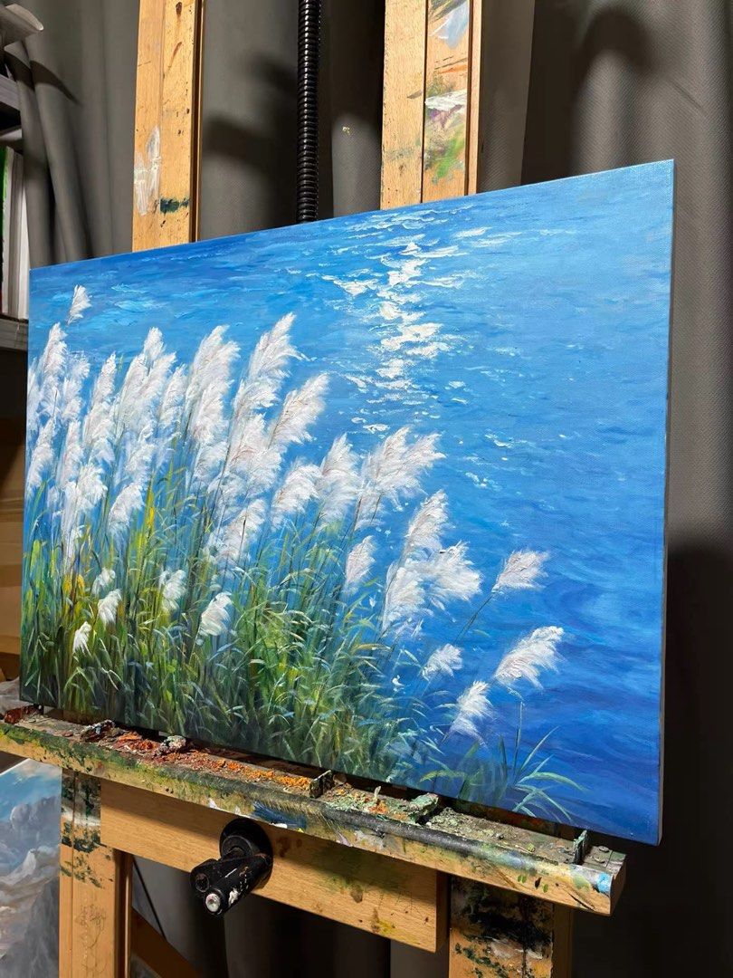 🎨 Hand-Painted Lake Reeds Landscape Oil Painting | 50×70 cm | Custom ...