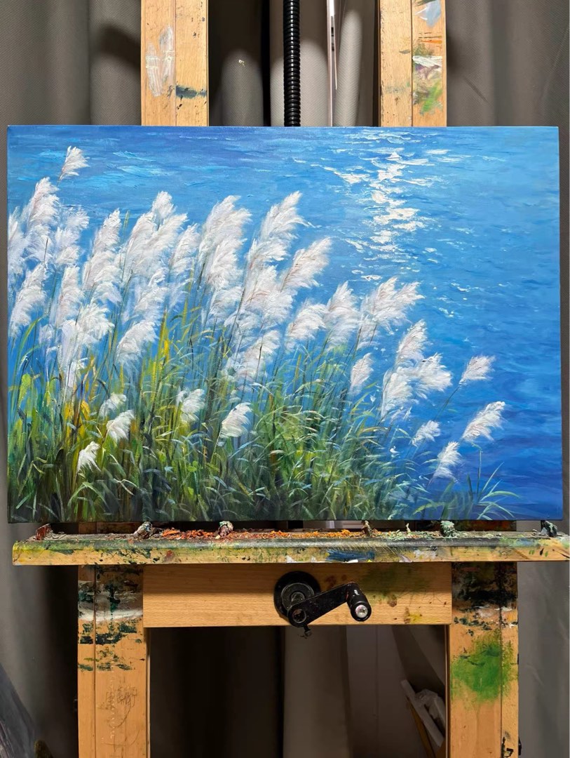 🎨 Hand-Painted Lake Reeds Landscape Oil Painting | 50×70 cm | Custom ...