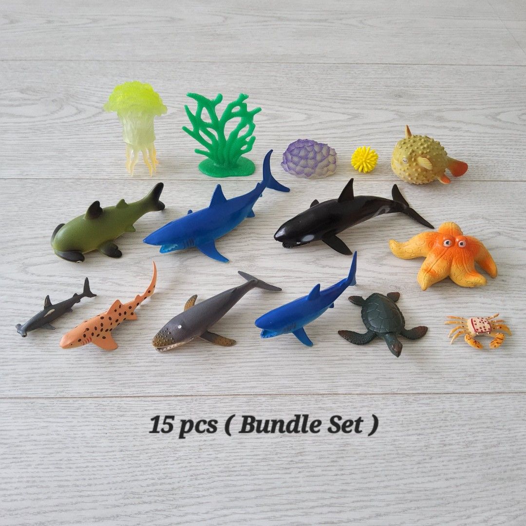 15pcs Set - Sea Animals - Shark Starfish Turtle Crab Puffer Fish Coral ...
