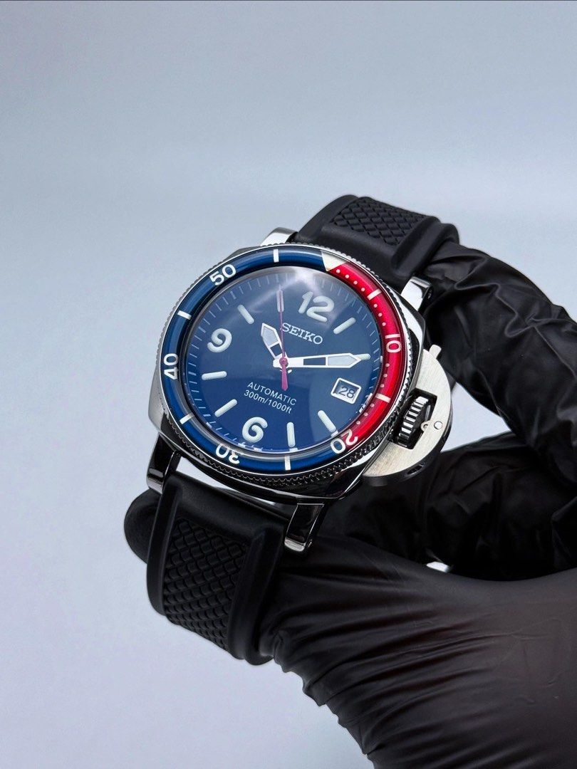 Custom Seiko Mod 42mm Resin Pepsi PAM Diver Submersible Automatic Watch ...