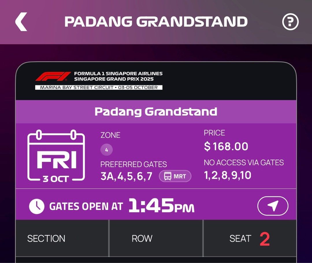 F1 Padang Grandstand - Fri, 1 Pair (Two Tickets), Tickets & Vouchers ...