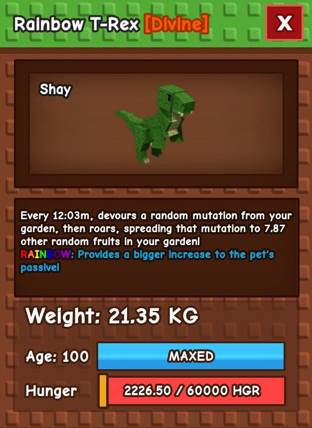 Rainbow T Rex Grow a garden maxed pet pets roblox, 興趣及遊戲, 音樂、樂器 & 配件, 樂器配件 - Carousell