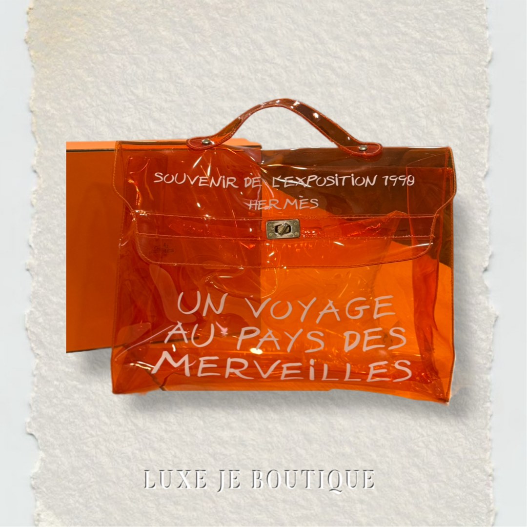 💯Hermes Vinyl Kelly Clear Hand Beach Bag Orange PVC Authentic Limited ...